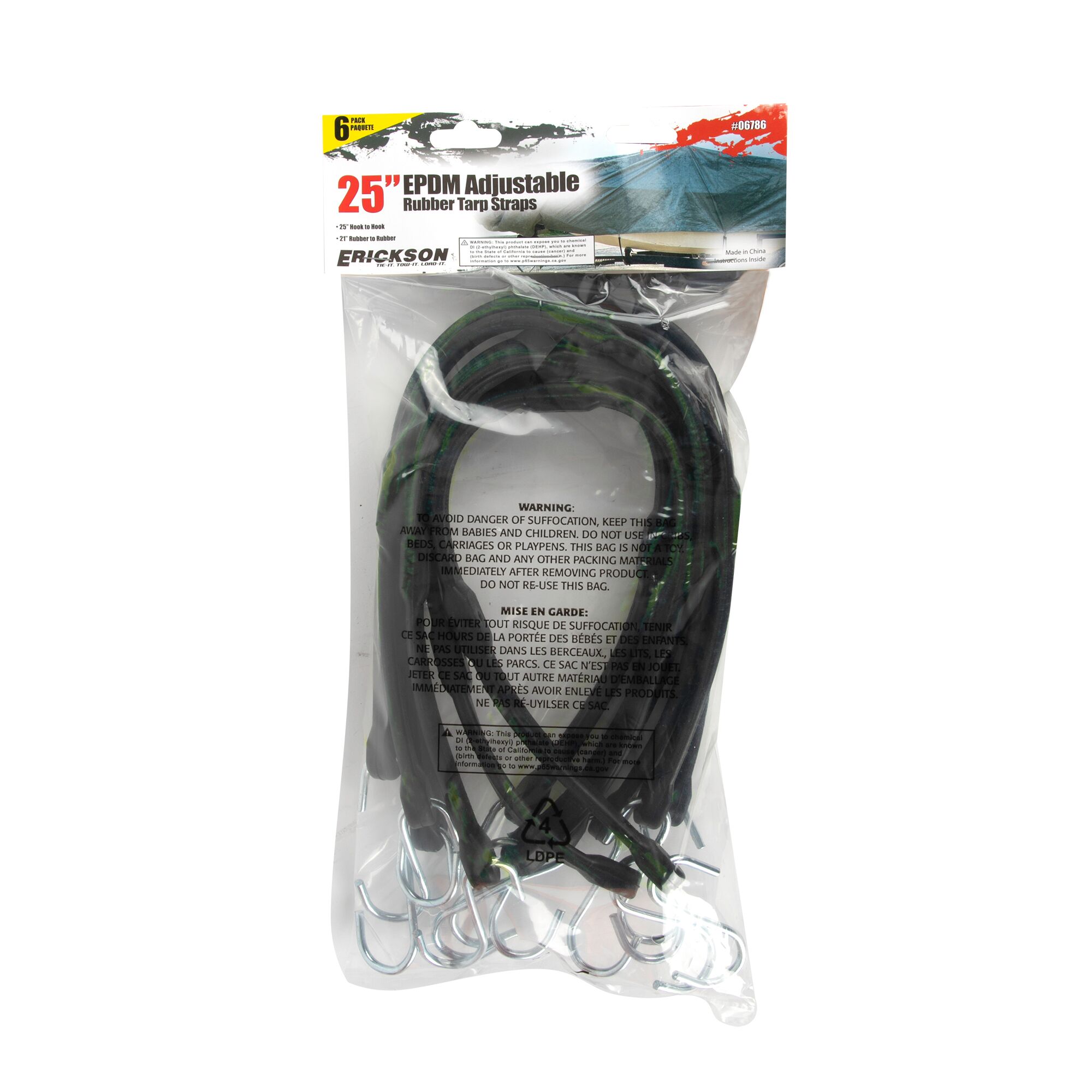 Erickson 25" EPDM Adjustable Rubber Tarp Straps - 6-Pack
