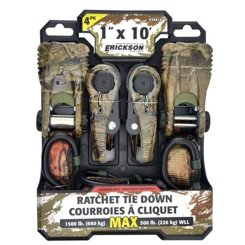 Erickson 1" x 10" 1,500 Lb Camo Ratchet Tie Down with Cap Locks - 4 Pack